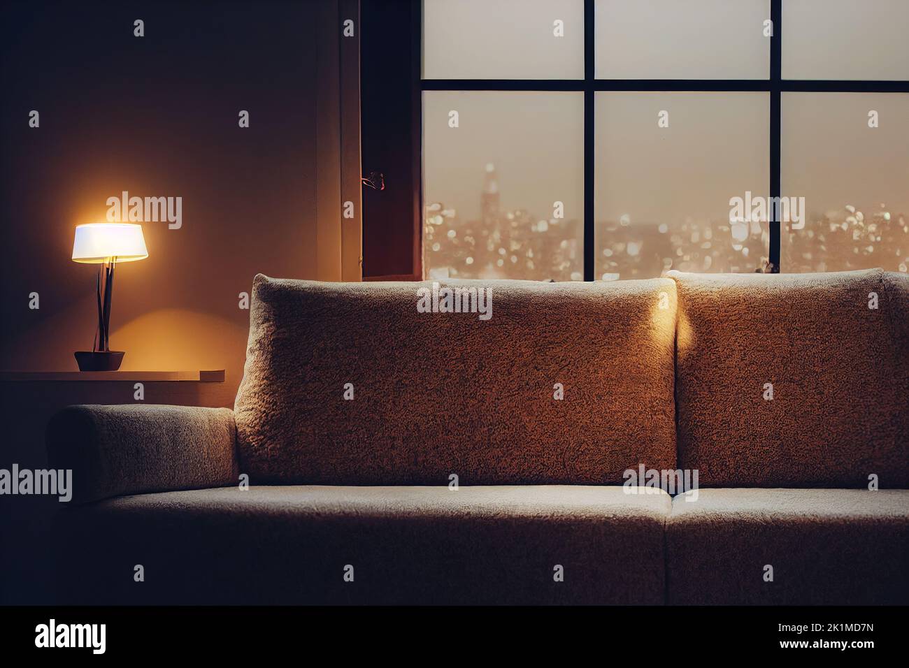A cozy interior design. A sofa with a glowing lamp in the background ...