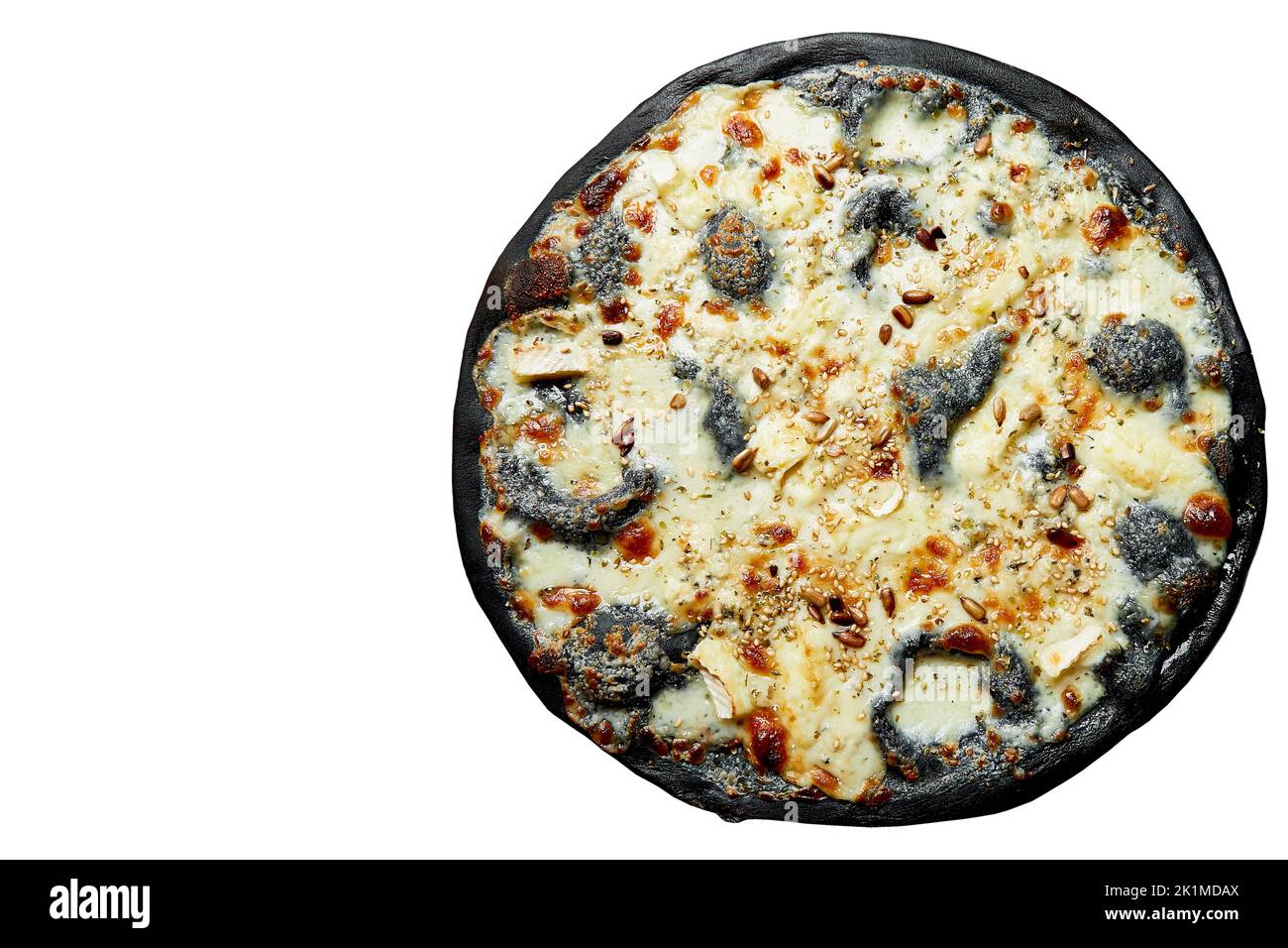 Black pizza four cheese on a white background isolated Stock Photo - Alamy