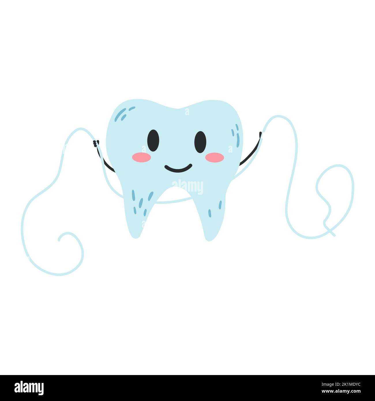 Hand drawn kawaii tooth character using dental floss in cartoon flat ...