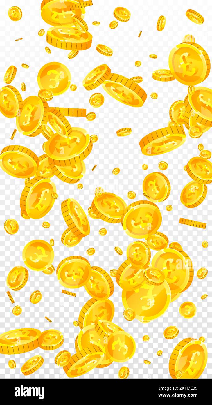 British pound coins falling. Scattered gold GBP coins. United Kingdom ...