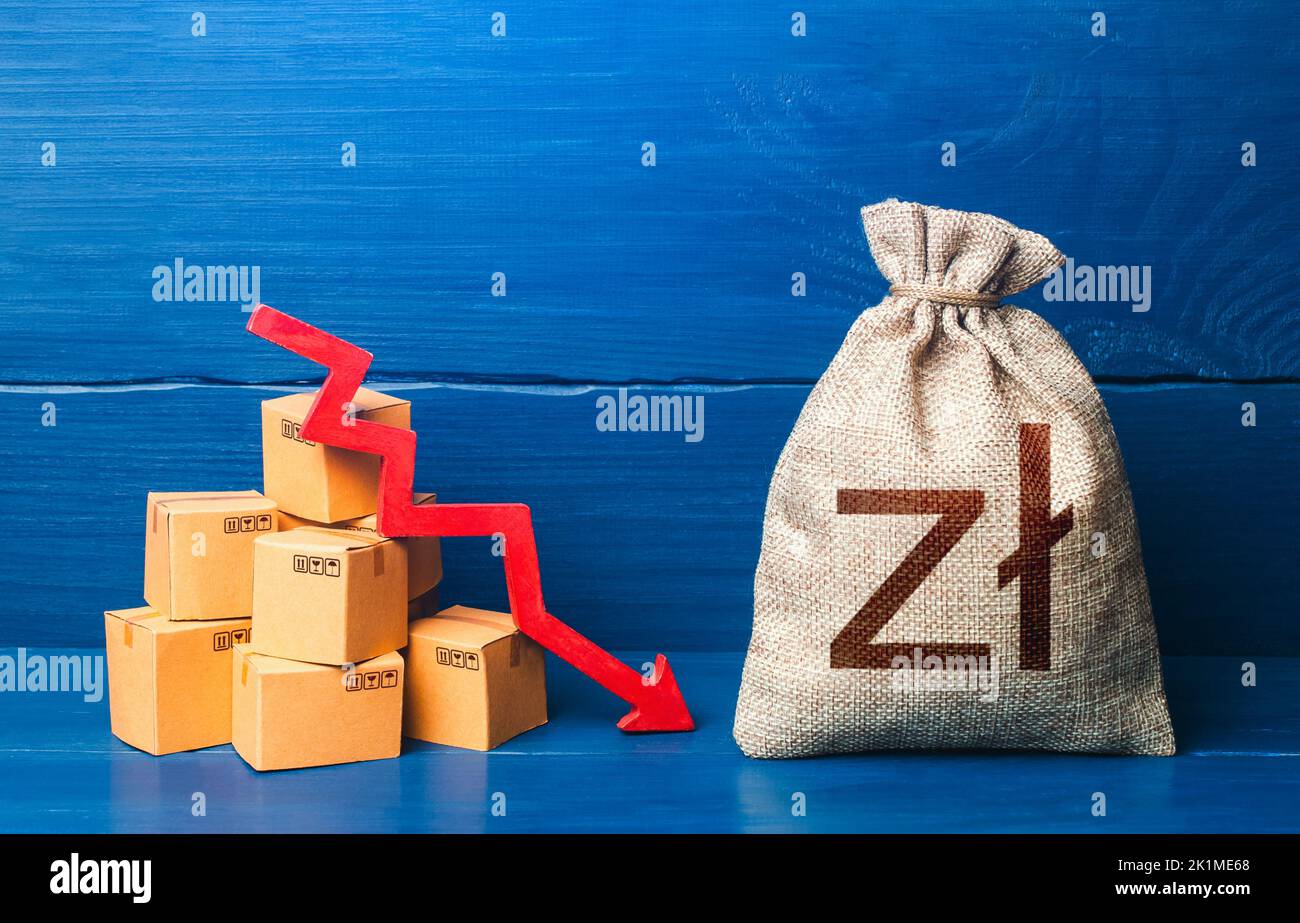 Polish zloty money bag with boxes and down arrow. Bad consumer ...