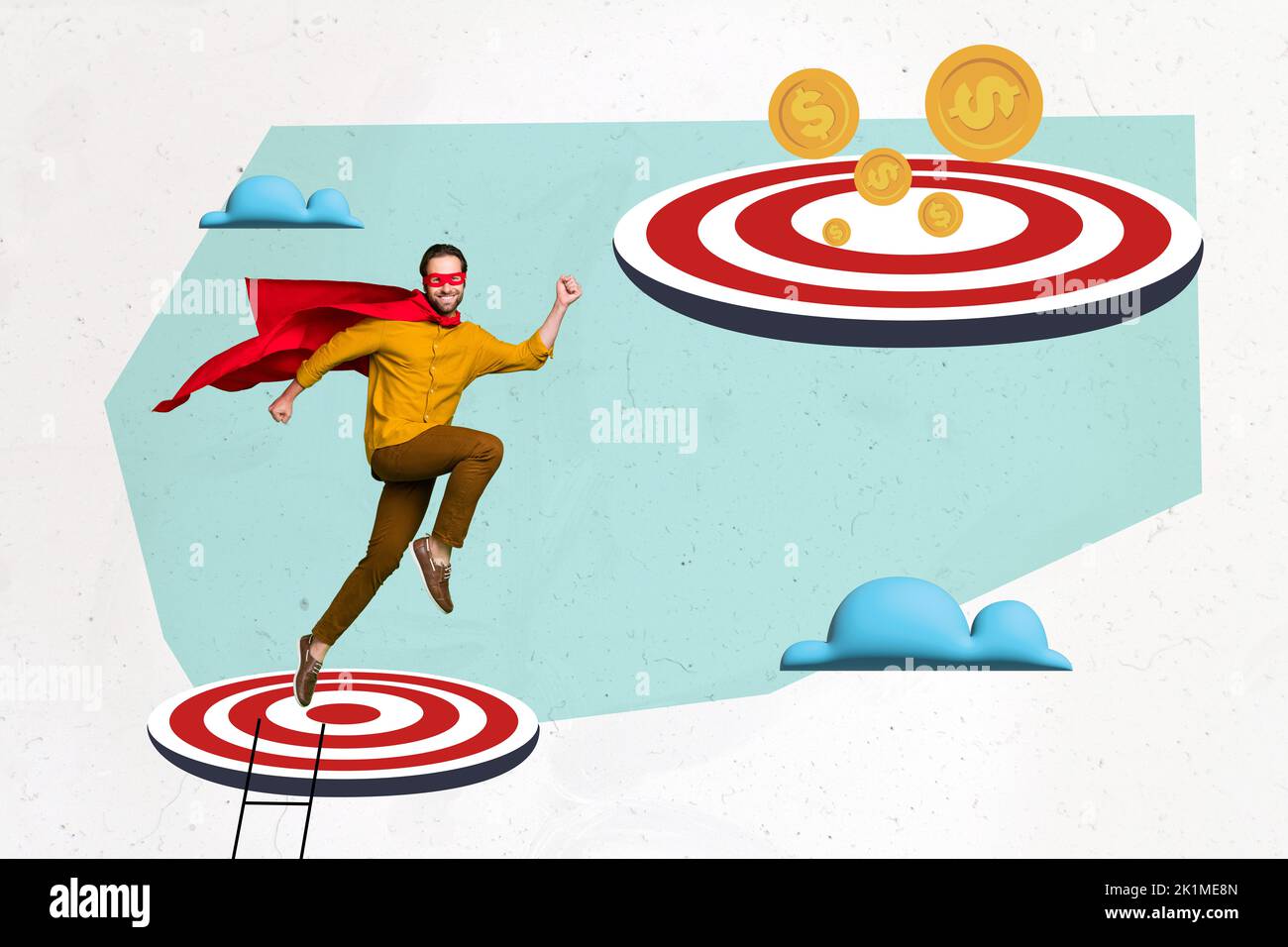 Collage photo of young funny excited student superhero worker career ofice target coin usd ...