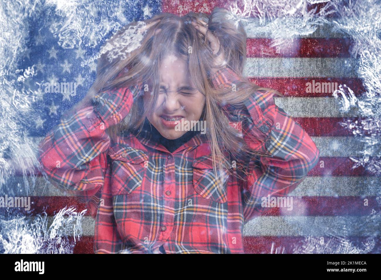 Teenage girl on frozen background with flag of United States of America ...