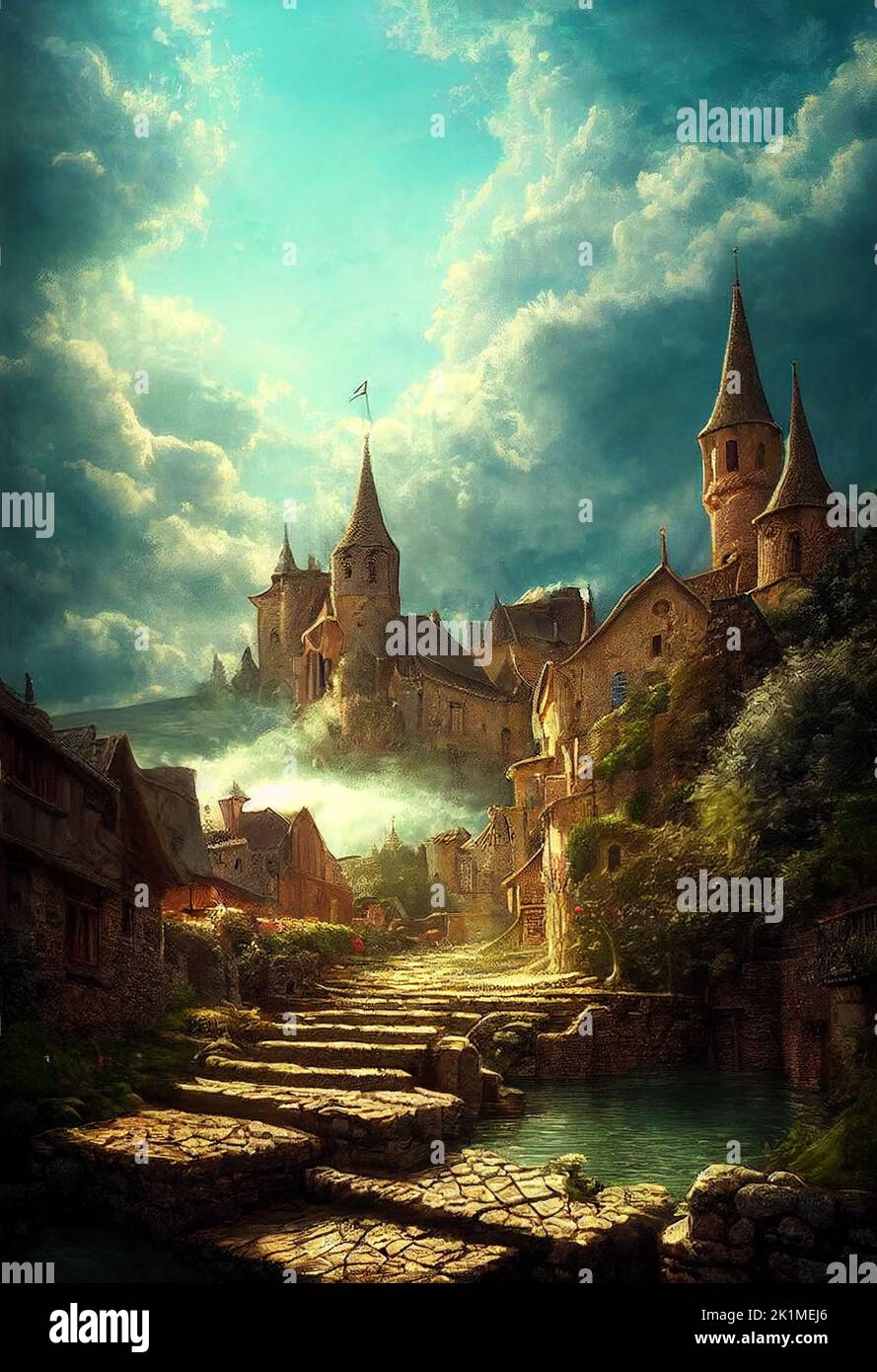 A vertical hyper-realistic illustration of a castle in the clouds Stock ...