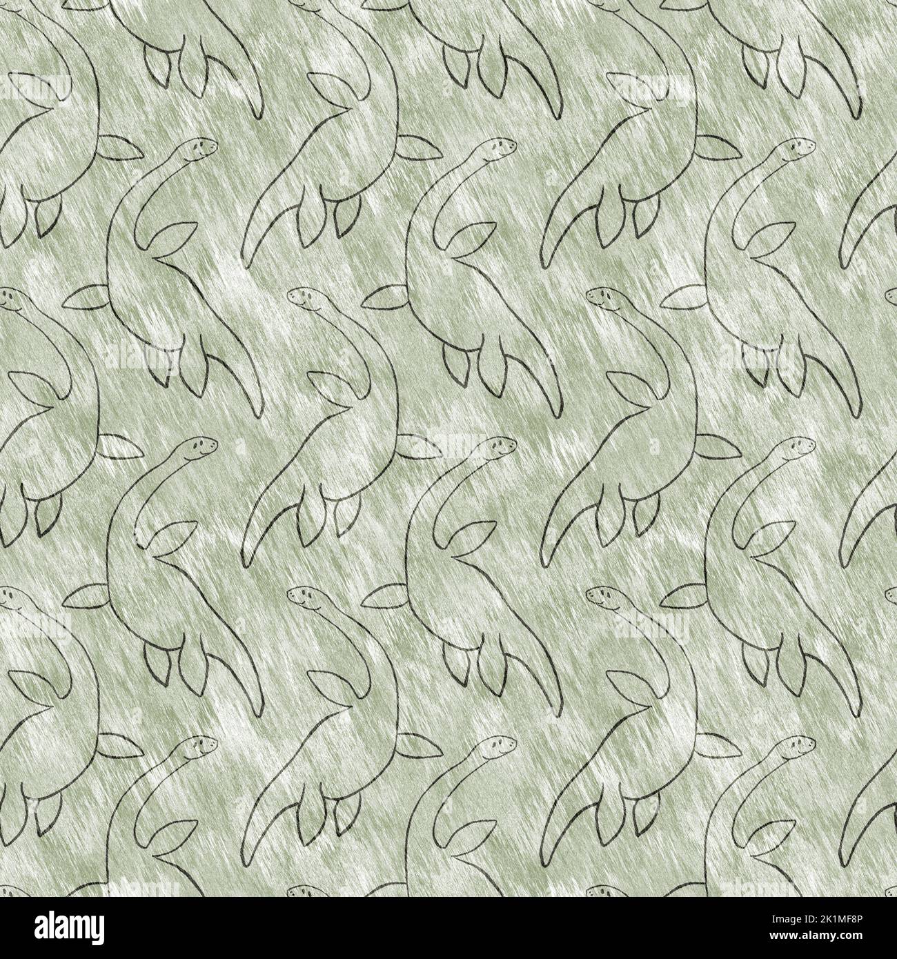 Green hand drawn plesiosaur dinosaur seamless pattern. Gender Neutral ...
