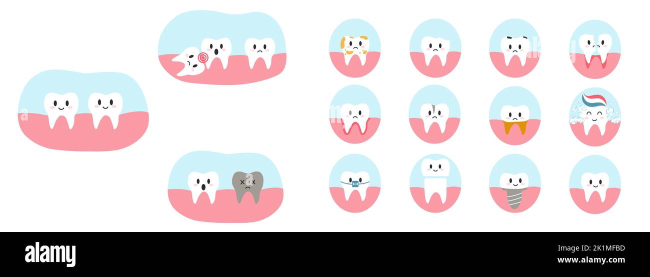 Set of teeth characters in cartoon flat style. Vector illustration of ...