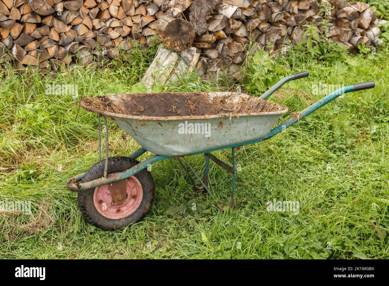 empty wheelbarrow standing on a green meadow near a pile of firewood ...