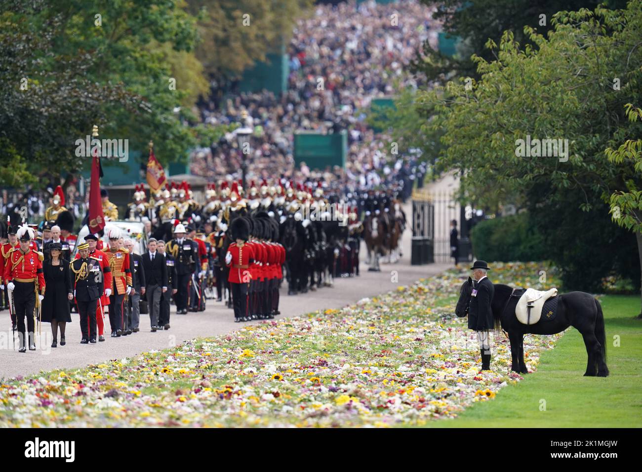 Emma, the monarch's fell pony, stands as the Ceremonial Procession of the coffin of Queen ...