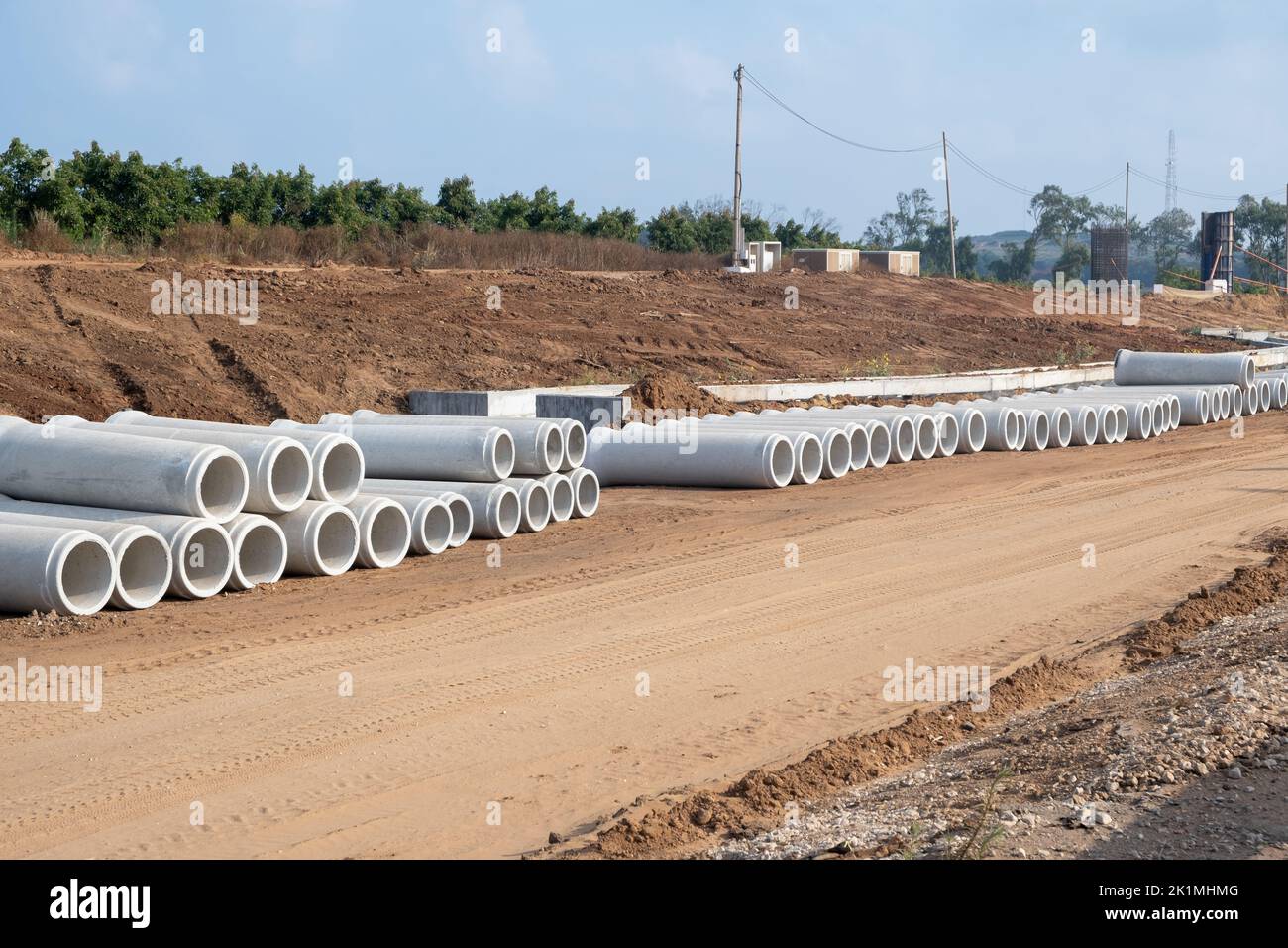 New sewer Concrete drainage pipe. New sanitary sewer, storm drain ...