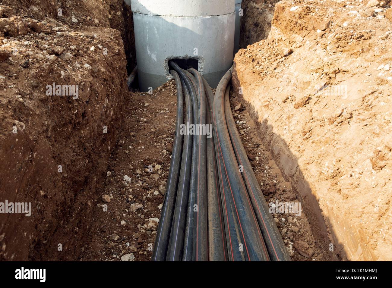 Digital telecommunication network pipe covered cables are buried ...