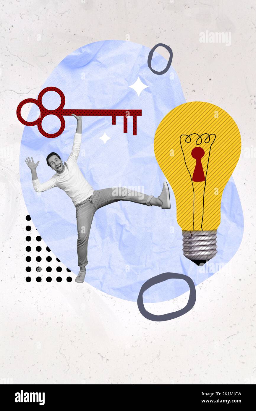 Collage photo of young student funny guy office manager worker hold key ...