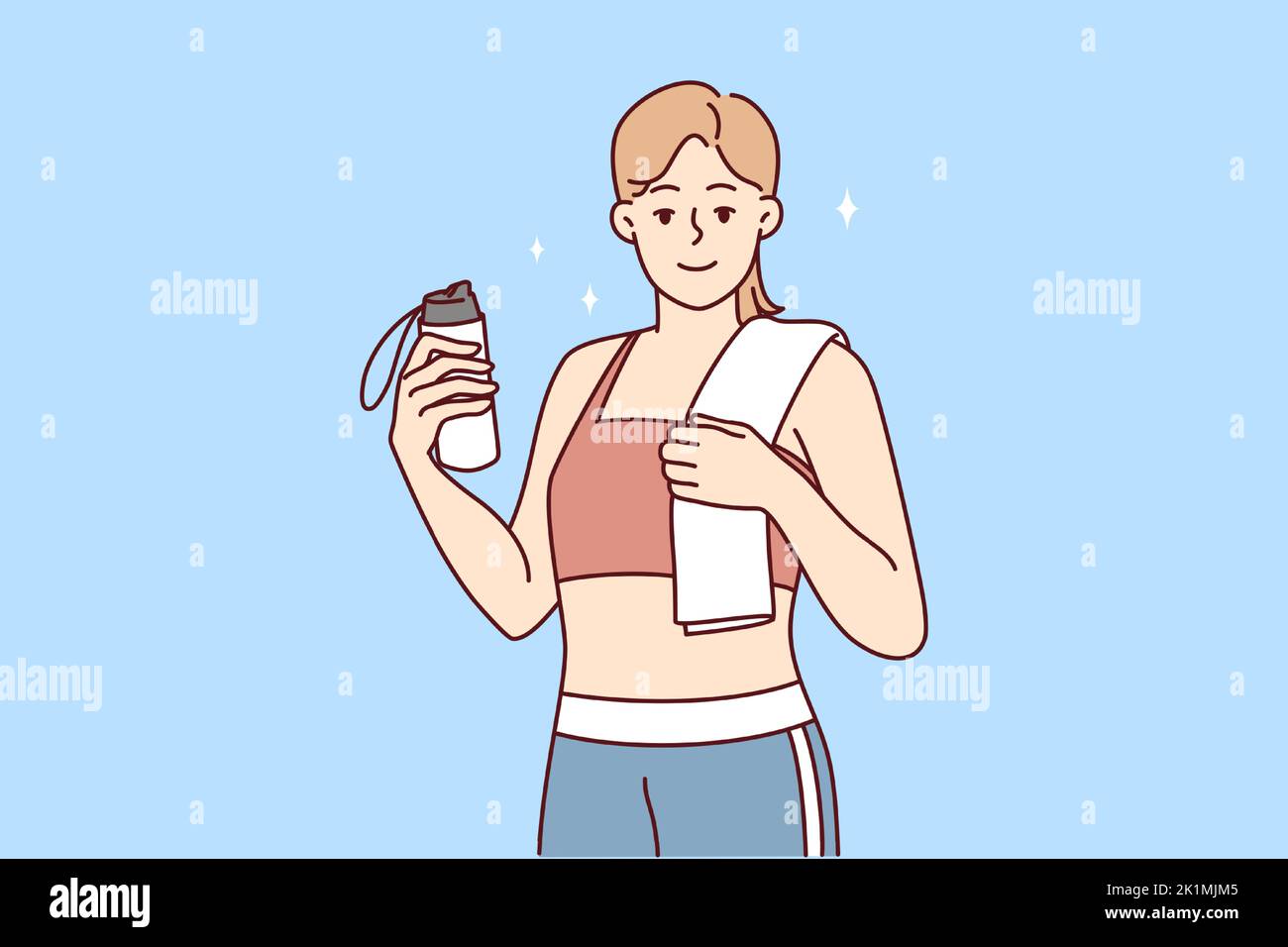 Portrait of smiling toned young woman in sportswear follow healthy ...