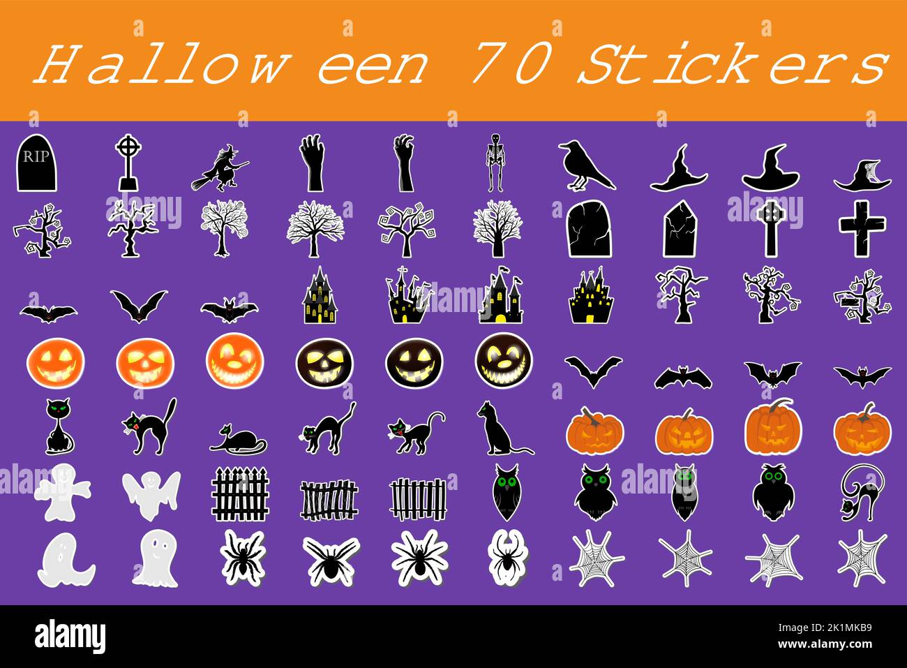 Halloween Holiday Sticker With Shadows Elements Set. Collection With Bat, Ghost, Grave, Tree ...