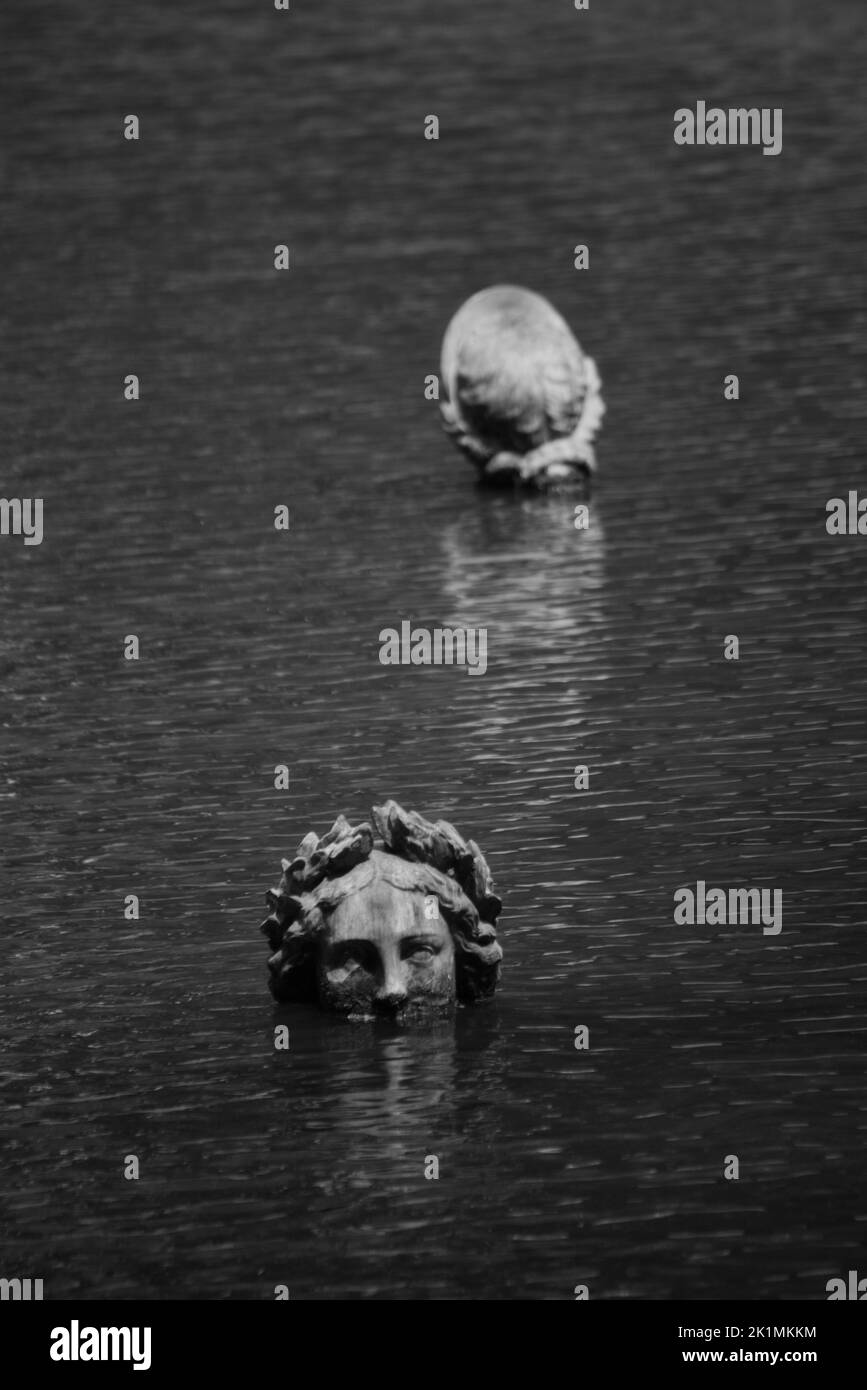 A vertical grayscale of two statue heads in the water in a park ...