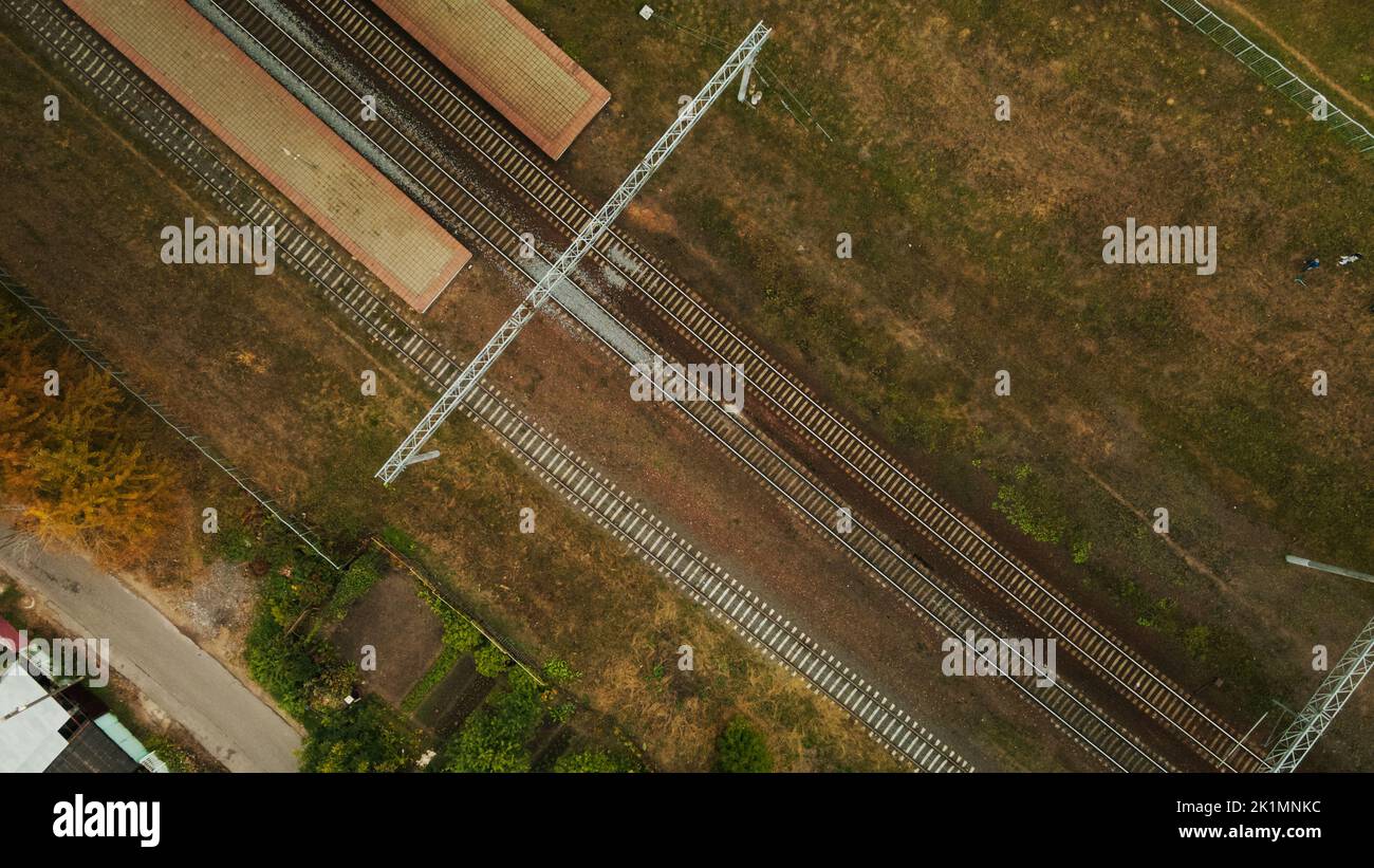 Railroad station. Platform and railroad tracks. Aerial photography ...