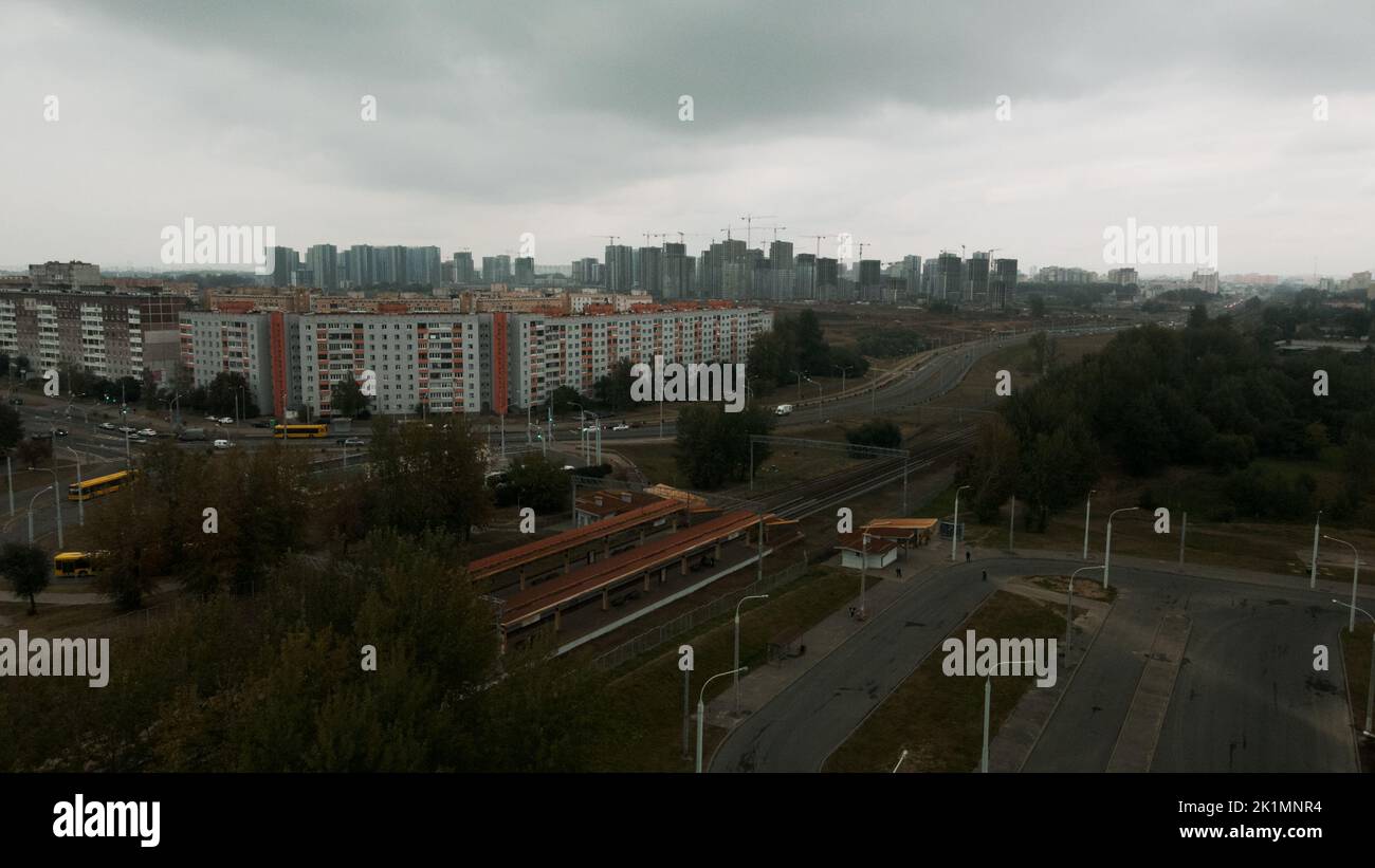 Dormitory area of a big city. Railroad station. Urban landscape. Aerial ...