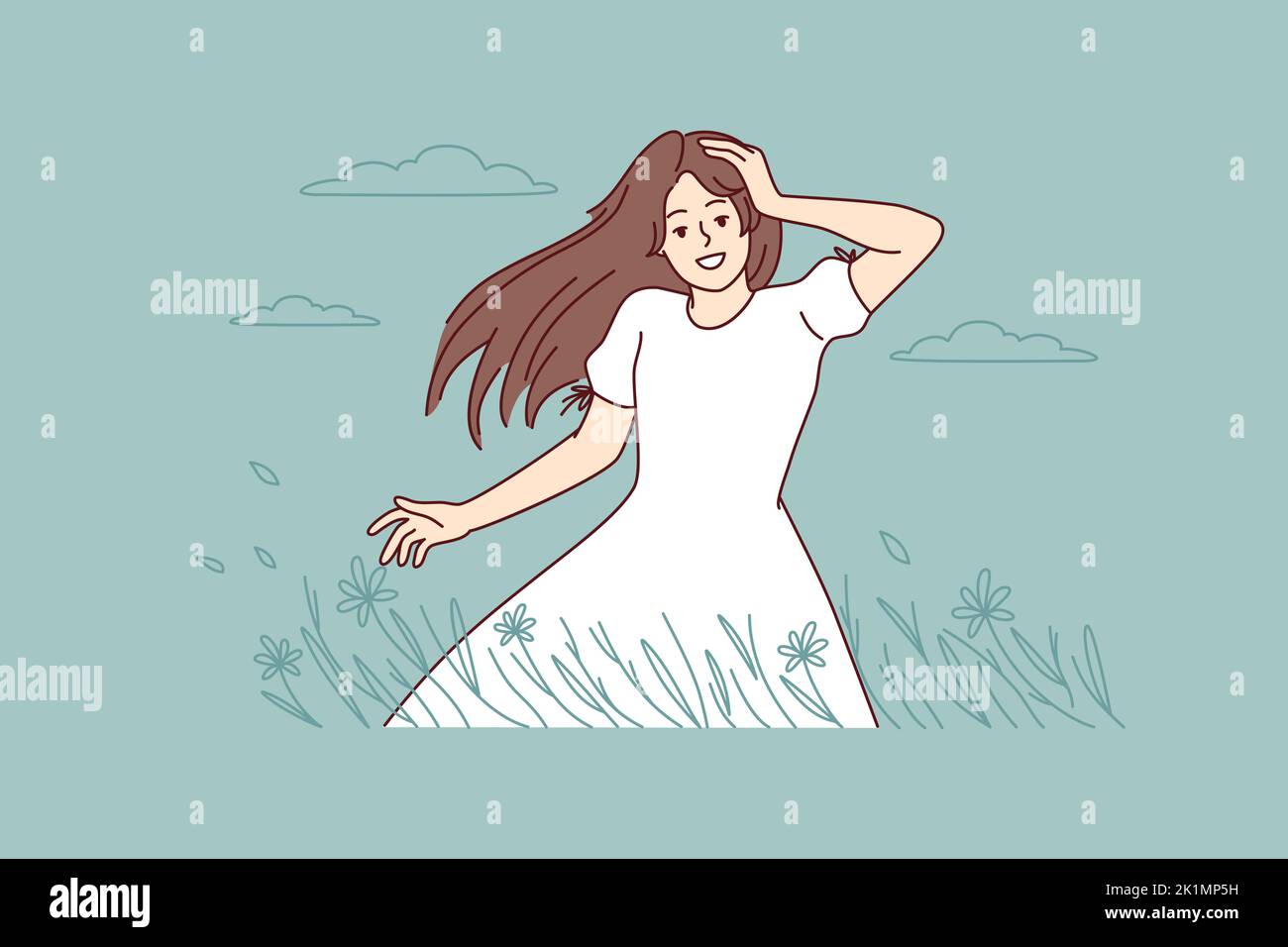 Happy young woman walking in summer field enjoying goo day. Smiling ...