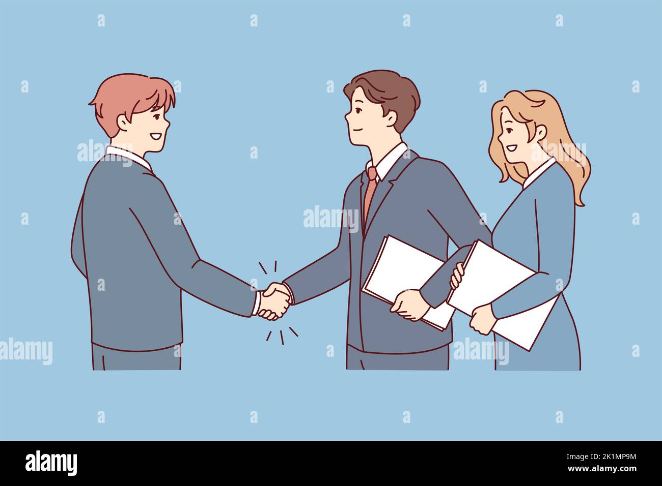 Smiling businesspeople shake hands get acquainted at meeting. Happy ...