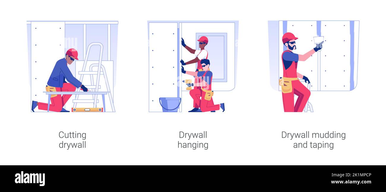 Drywalling service isolated concept vector illustration set. Cutting ...