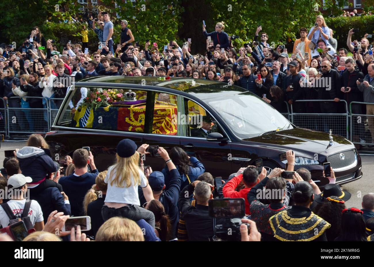 London, UK. 19th Sep, 2022. The Royal Hearse passes by Albert Memorial ...