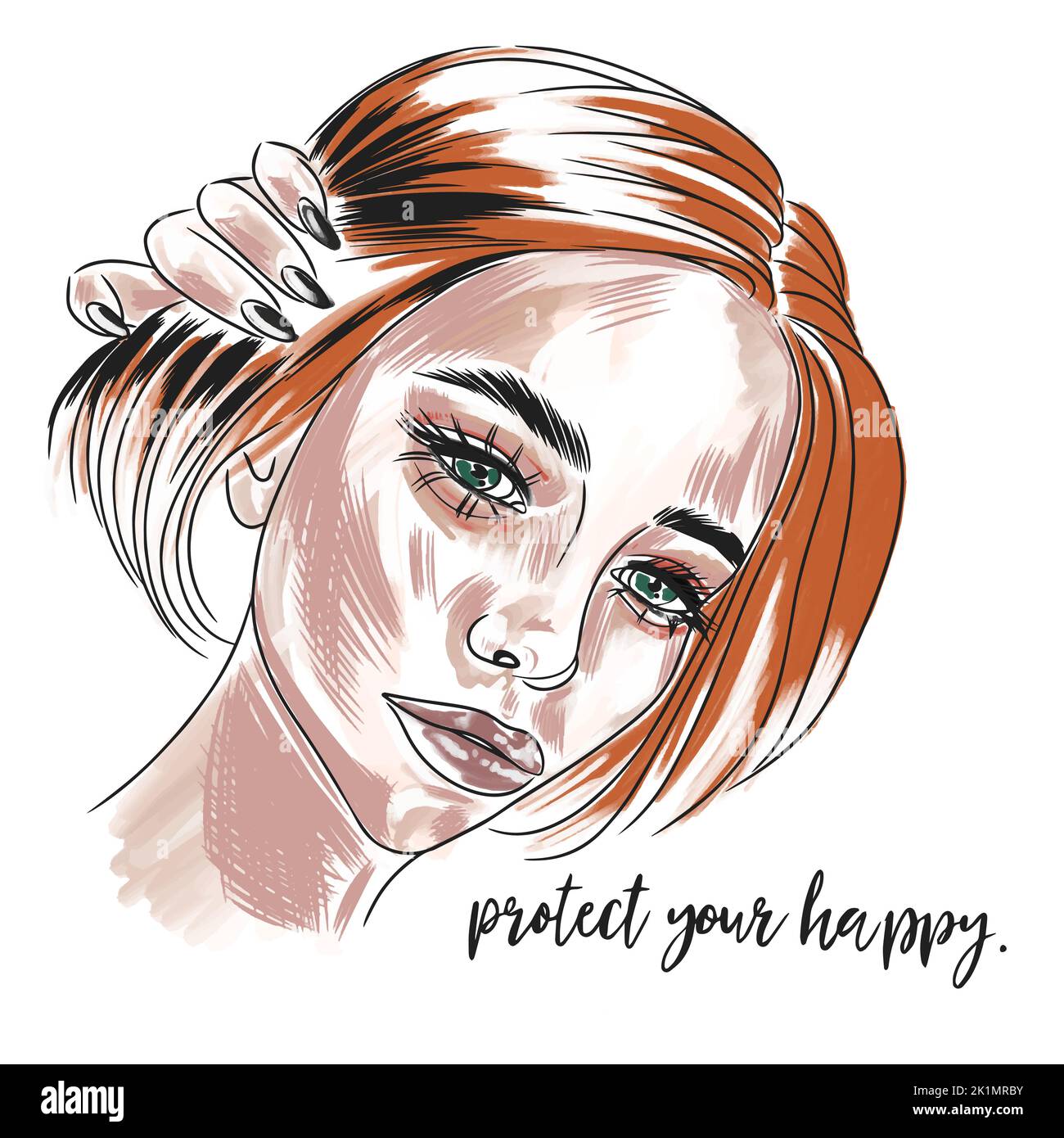 Protect your happy, handwritten quote, portrait of a girl with long ...