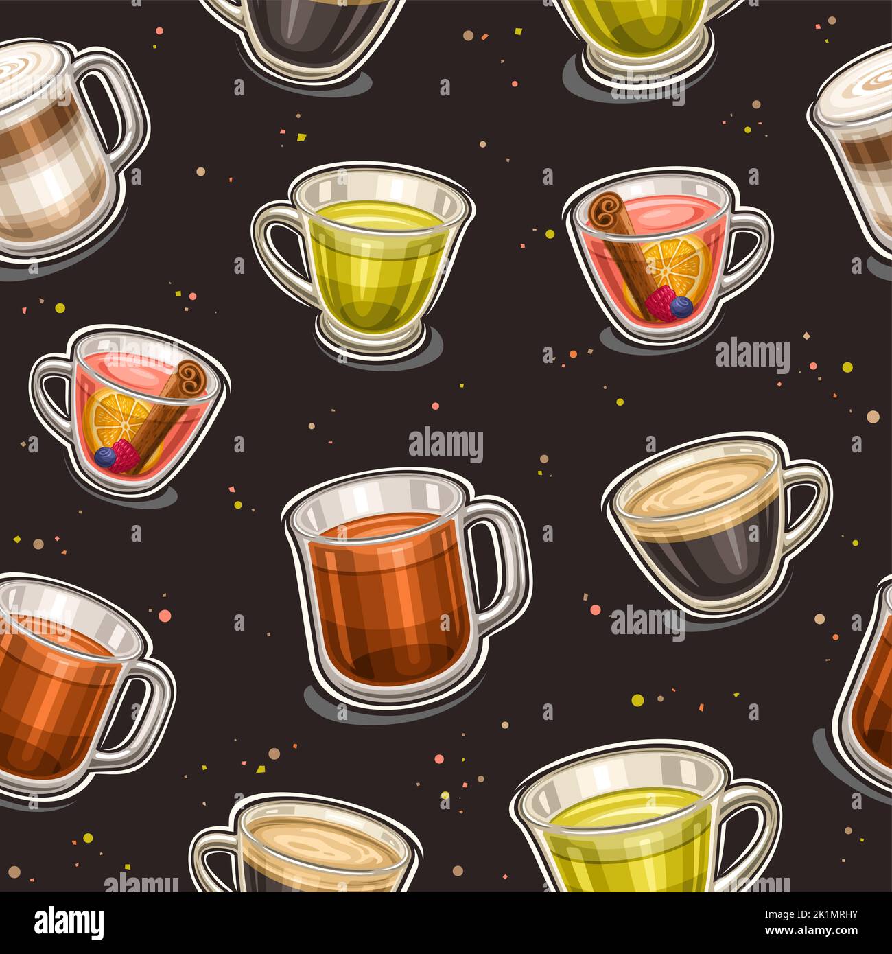 Vector Hot Drinks seamless pattern, square repeating background with cut out illustrations of ...