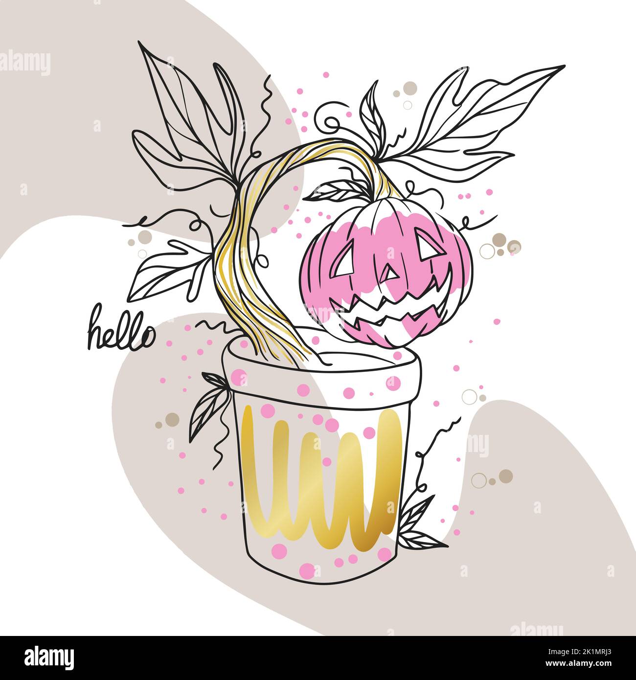 Hello handwritten lettering, cute illustration with pumpkin growing in ...