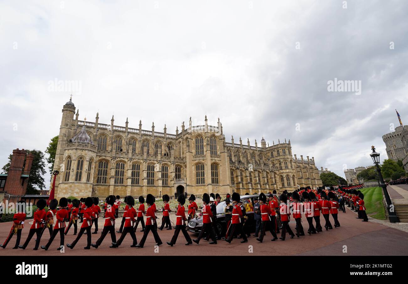 The State Hearse carries the coffin of Queen Elizabeth II, draped in ...