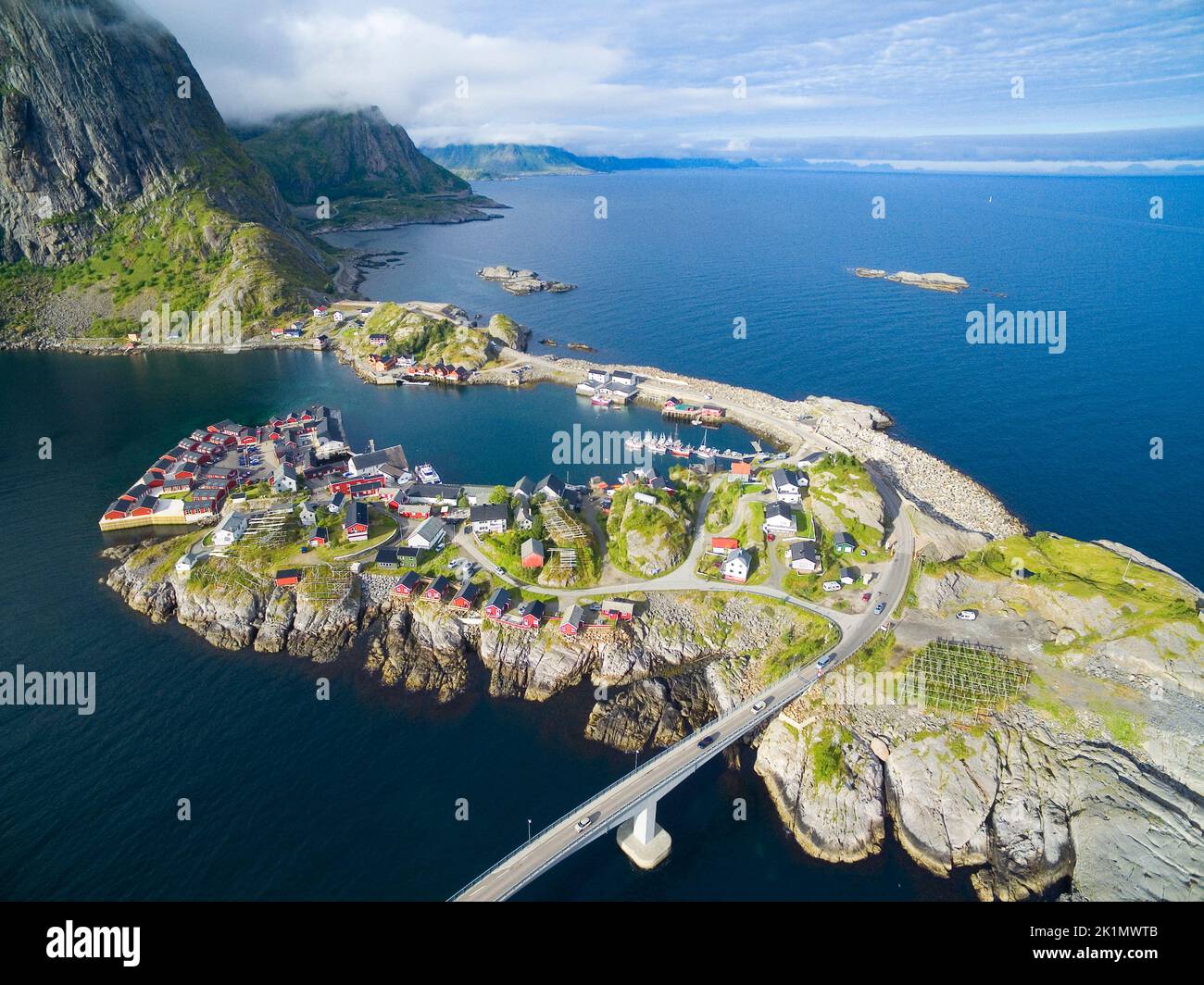Aerial view of fishing village with traditional red rorbu in Hamnoy ...