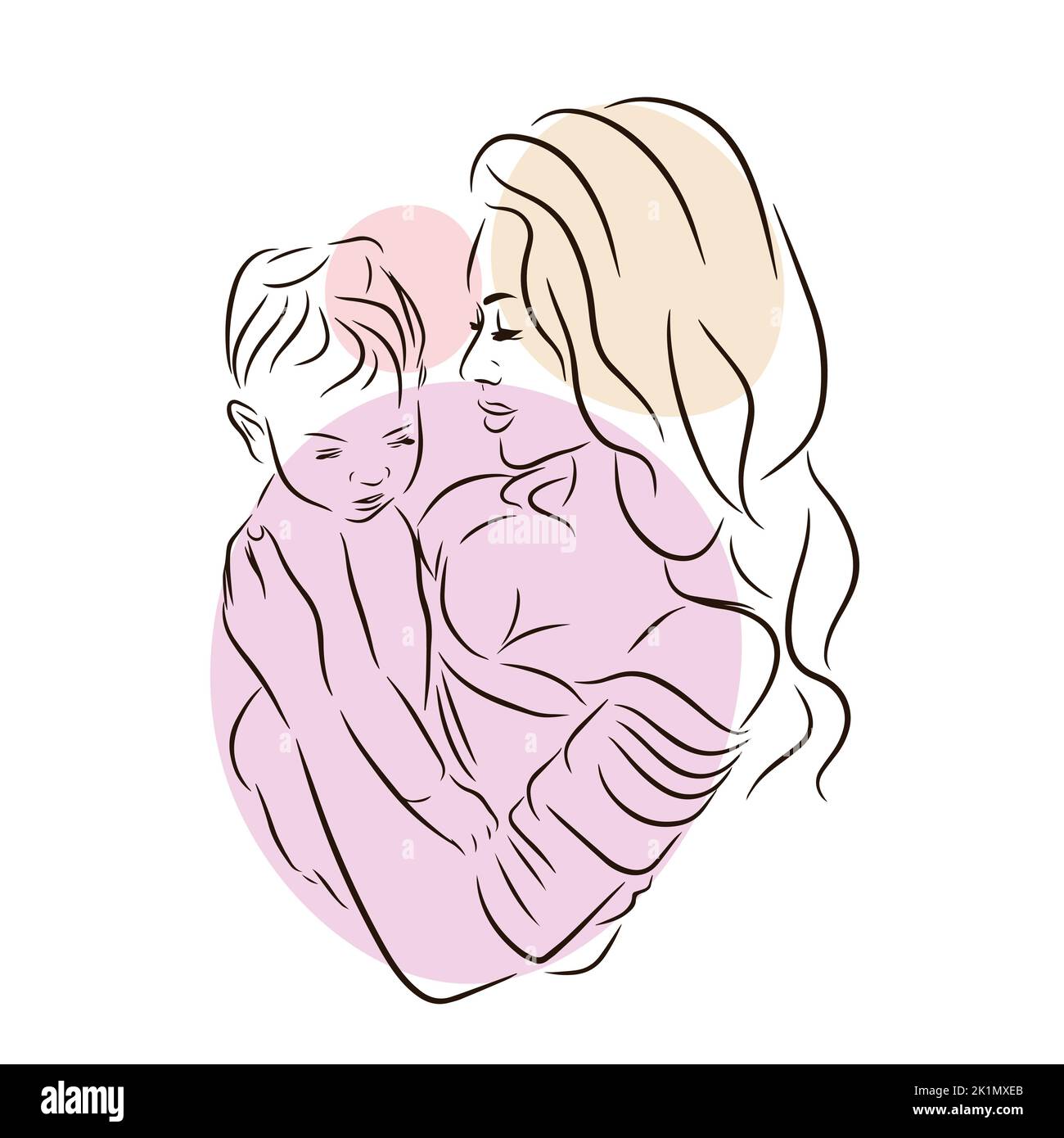 A young mother holds a baby in her arms, love, warm feelings, line ...