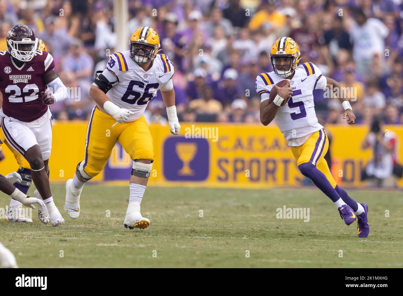 LSU Tigers quarterback Jayden Daniels (5) scrambles for yardage against ...