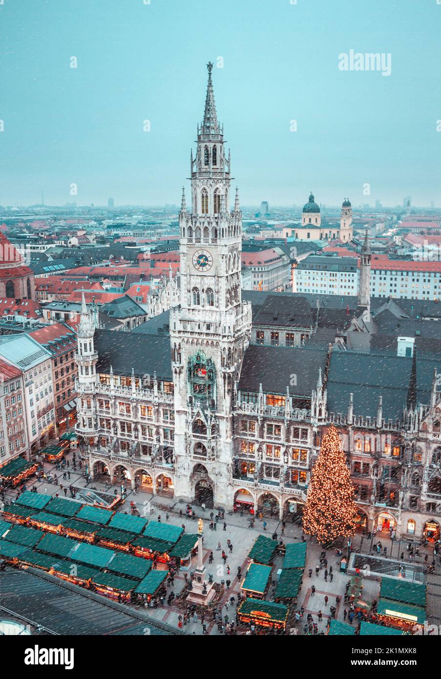 Panorama of Munich. View of the central square, town hall, Christmas ...
