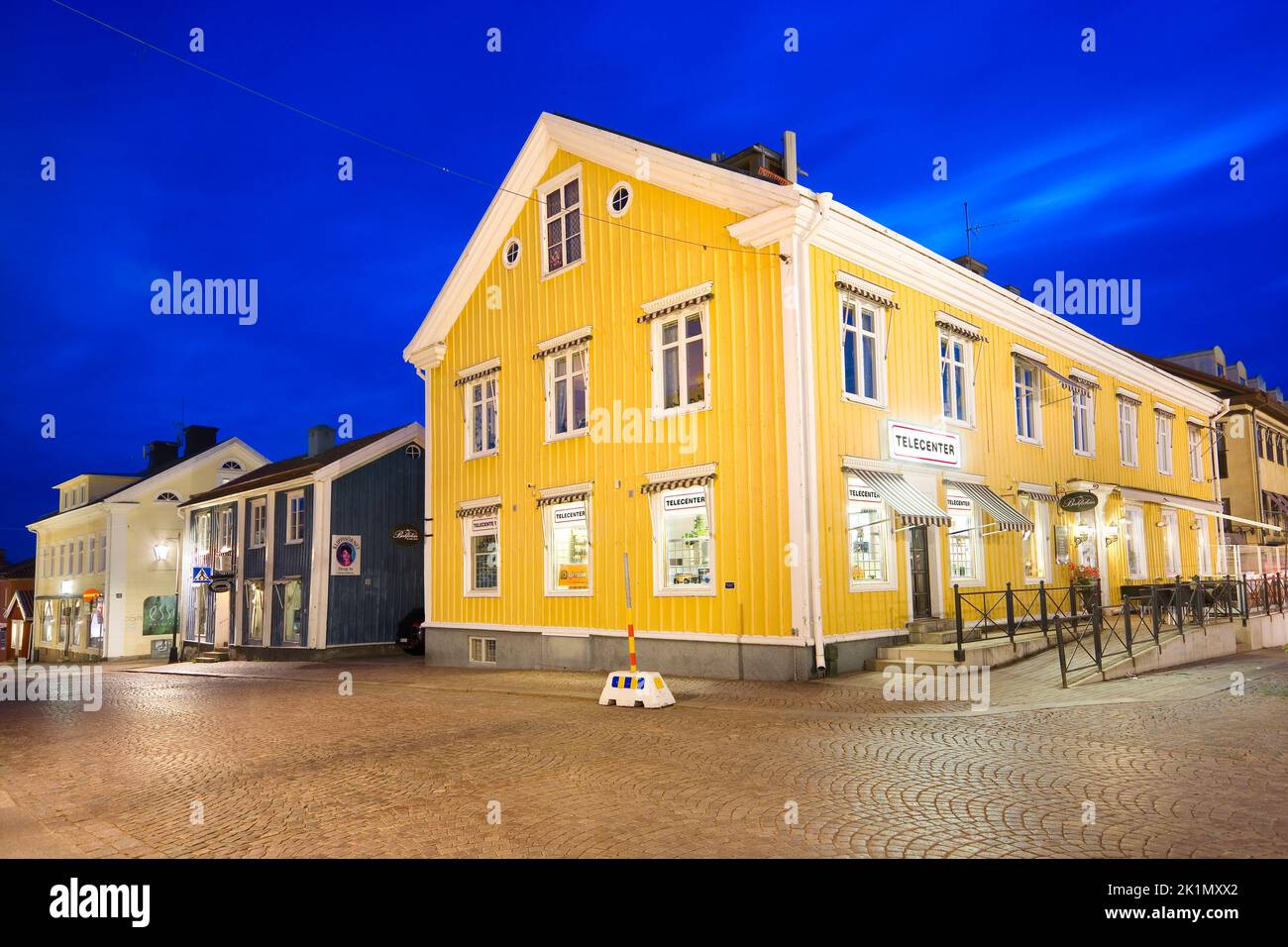 Night view of town center of Vimmerby, Sweden. Vimmerby is currently a ...