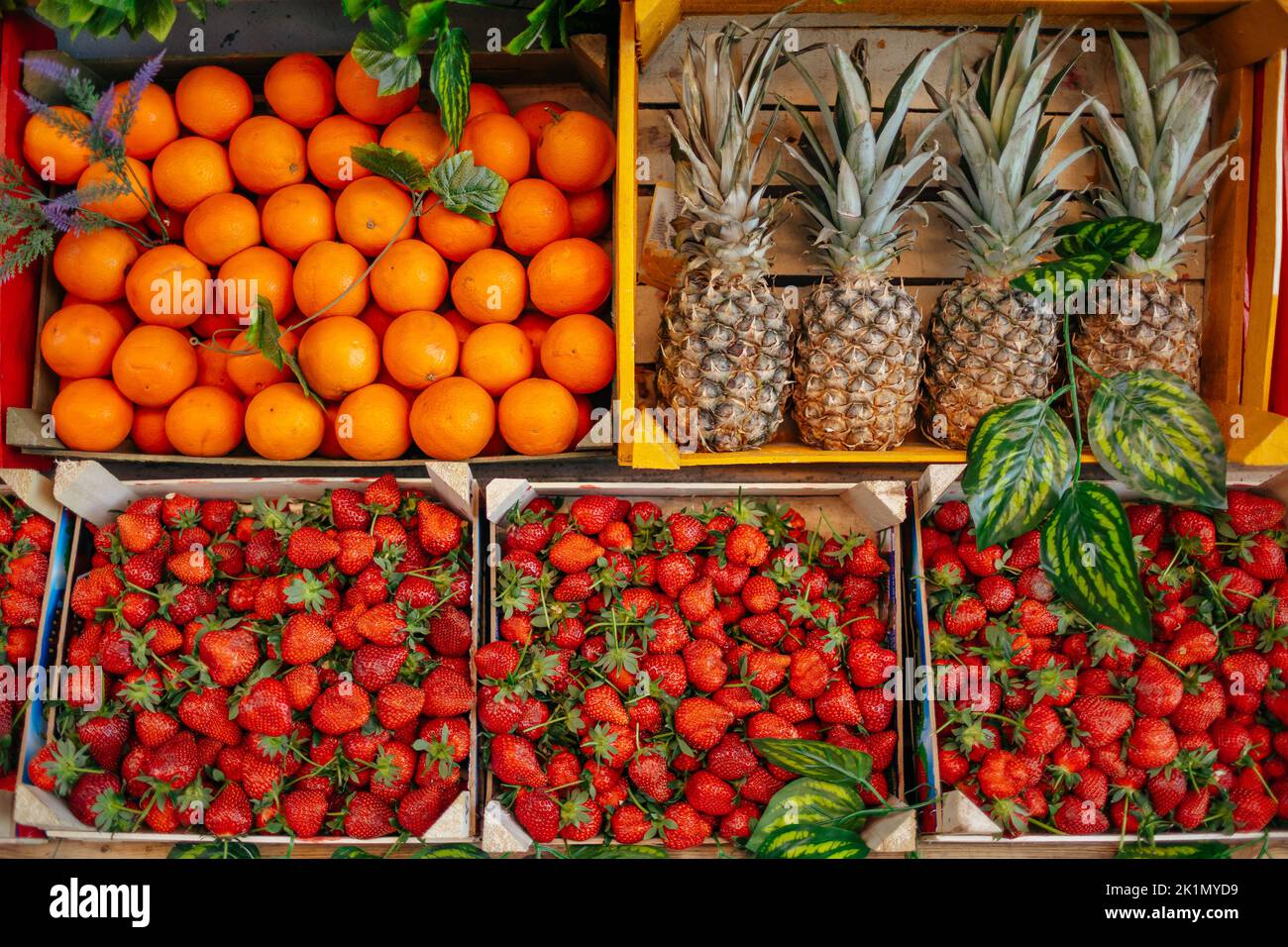 Fruit market counter with assortment of fresh fruits for sale Stock ...