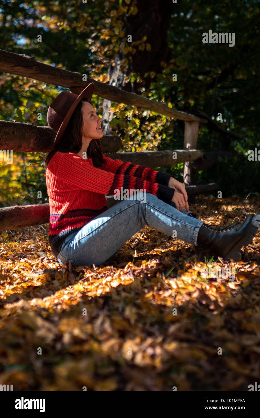 happy woman posing near fence autumn sunny day Stock Photo - Alamy