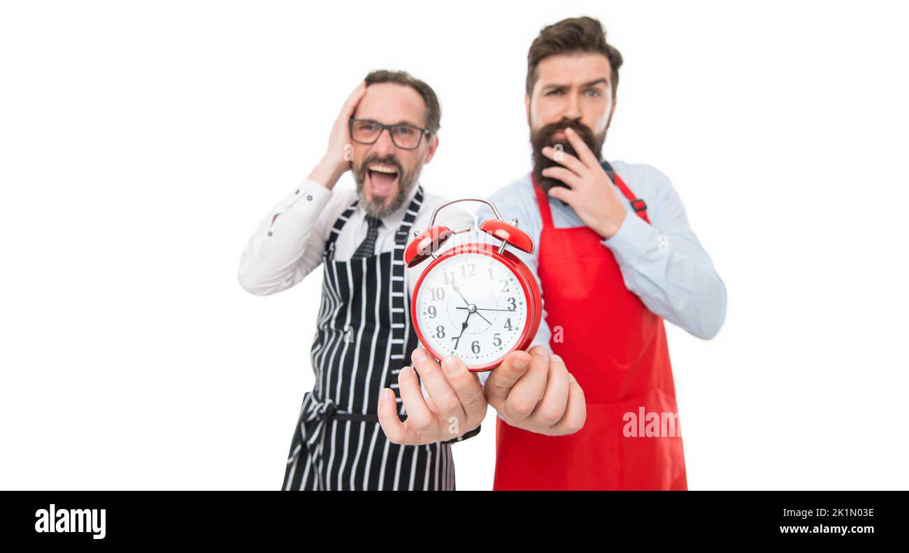 Failed deadline. Man bearded hipster and mature chef apron white ...