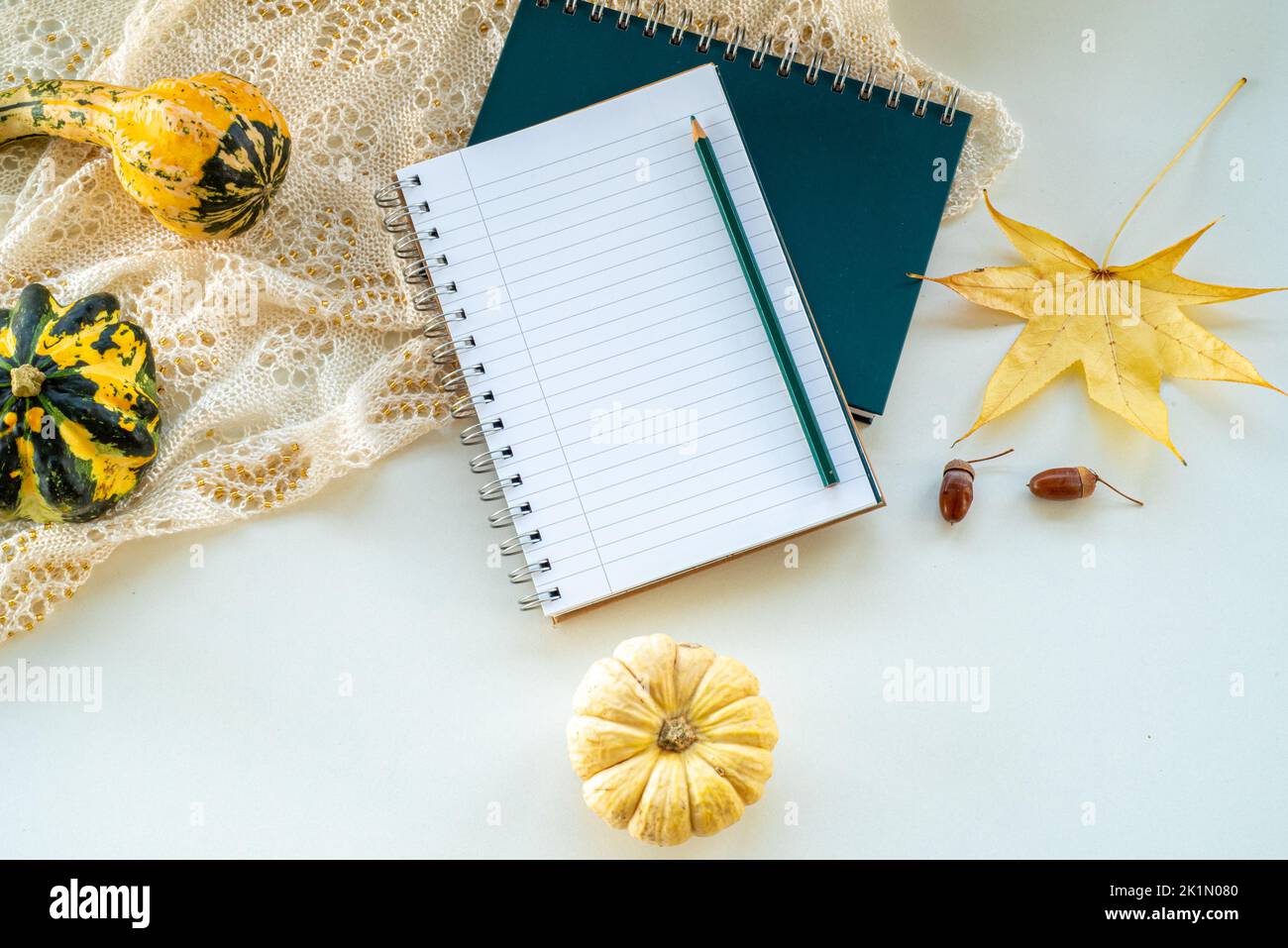 Autumn composition. Blank calendar, notebook mockup. Autumn soup ...