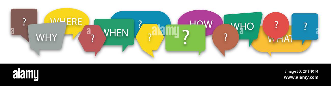Colorful Speech bubbles with question marks. The question is who, what ...