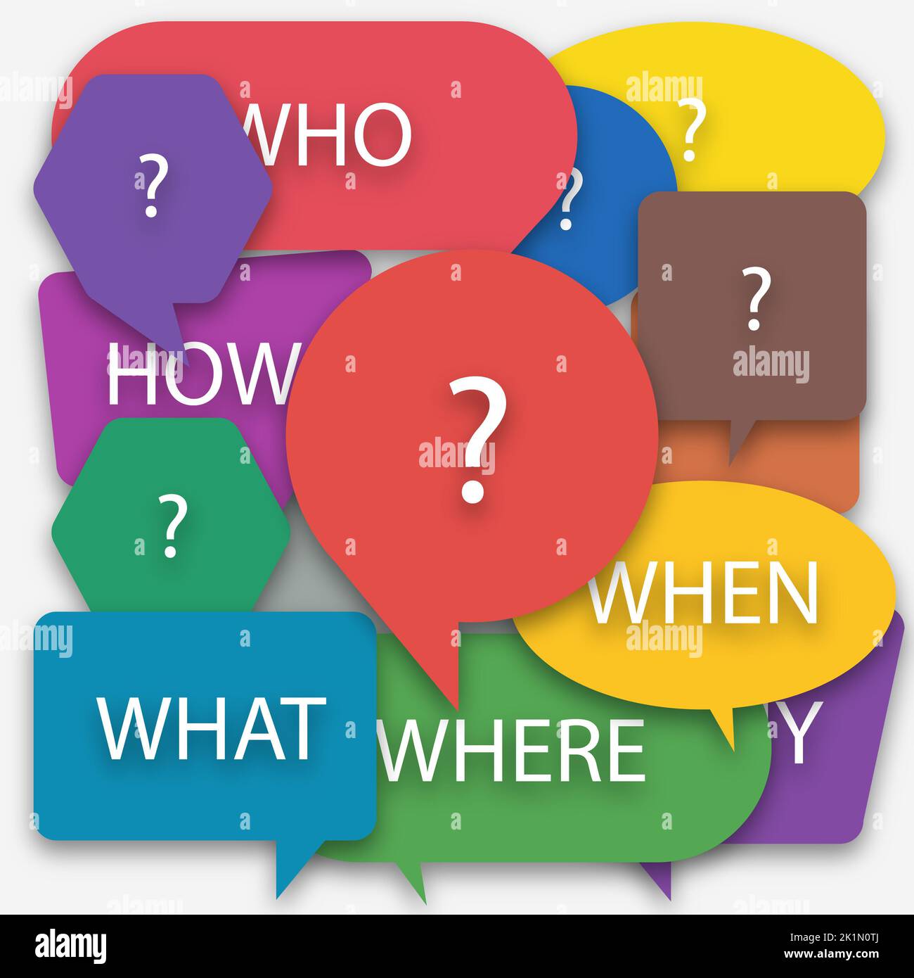 Colorful Speech bubbles with question marks. The question is who, what ...