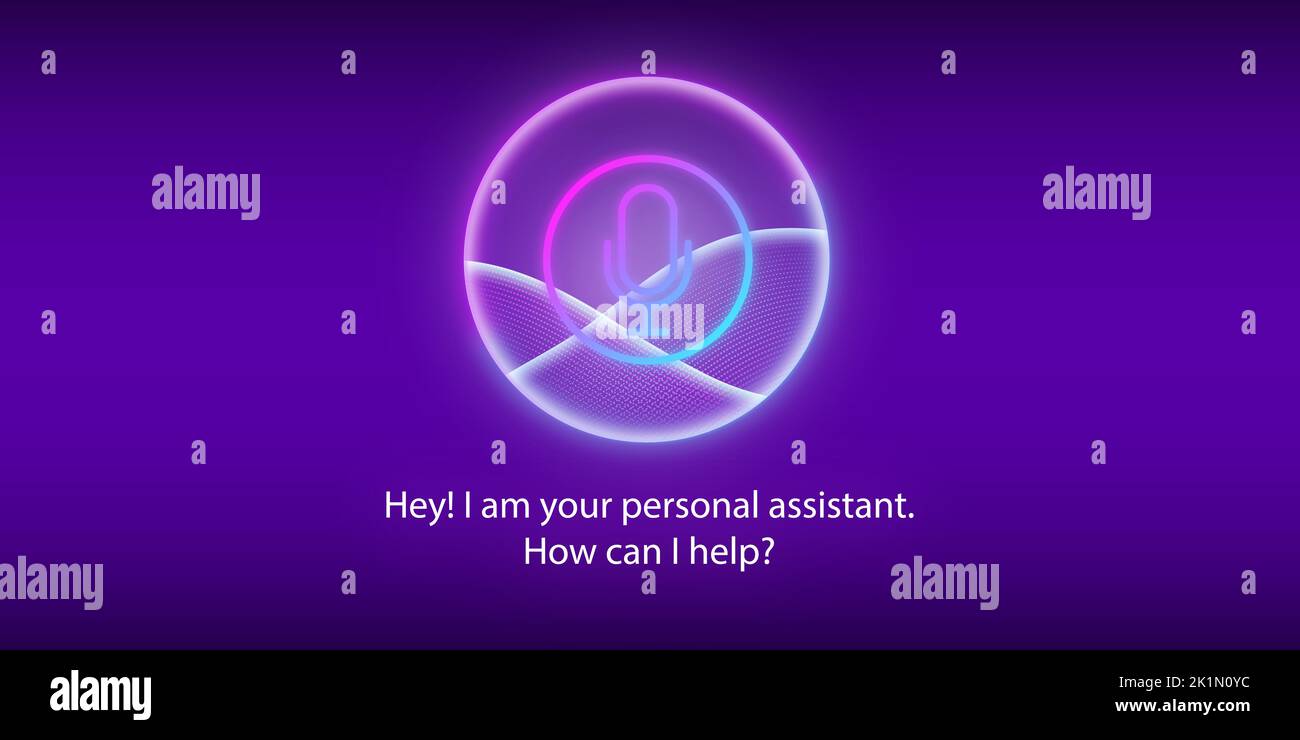 Artificial intelligence concept. Personal assistant. Voice recognition. Microphone with button ...
