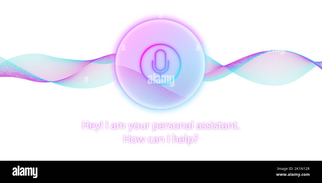 Artificial intelligence concept. Personal assistant. Microphone with button. Voice recognition ...