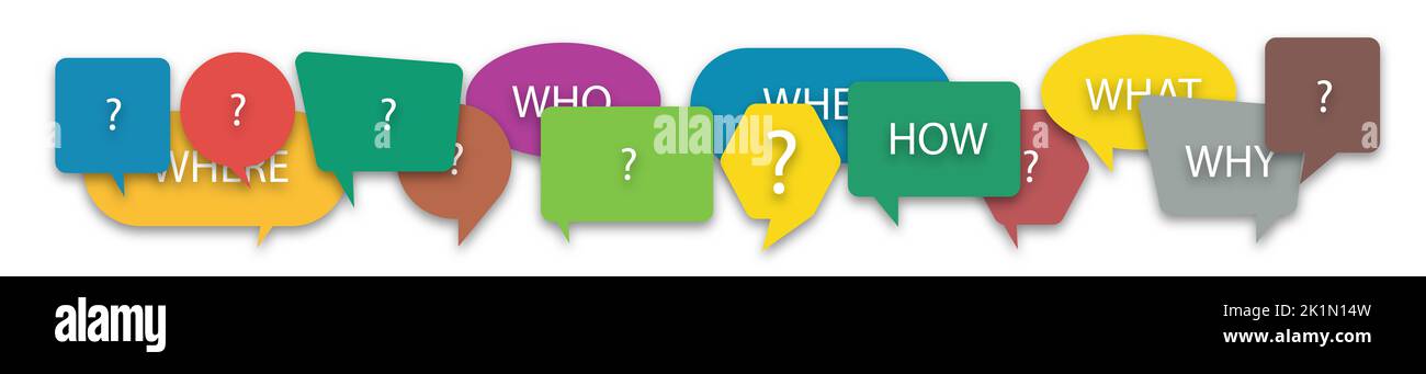 Colorful Speech bubbles with question marks. The question is who, what ...