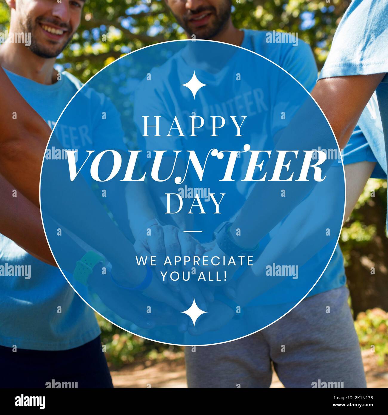 Composite of diverse volunteers stacking hands and happy volunteer day ...