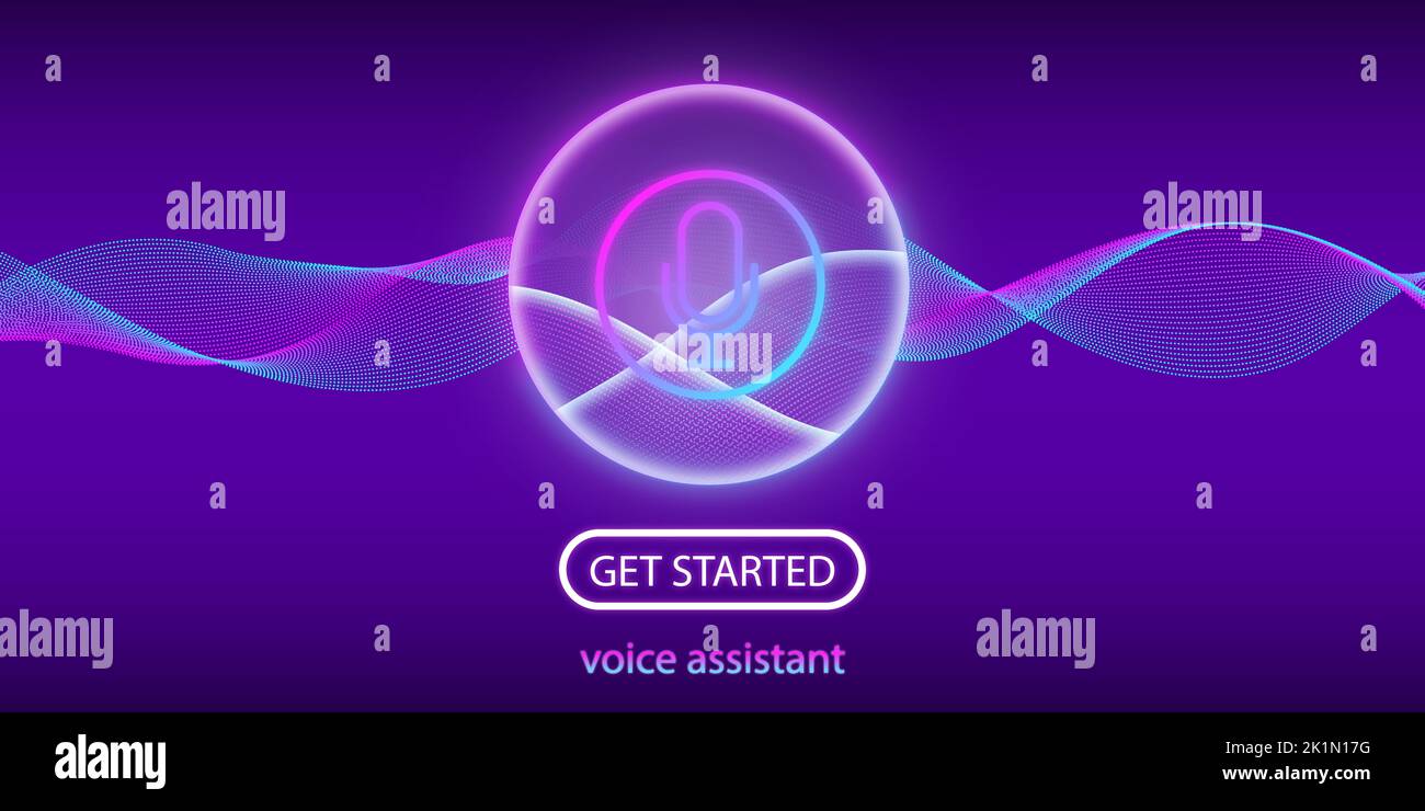 Artificial intelligence concept. Personal assistant. Get started. Voice recognition. Sound wave ...