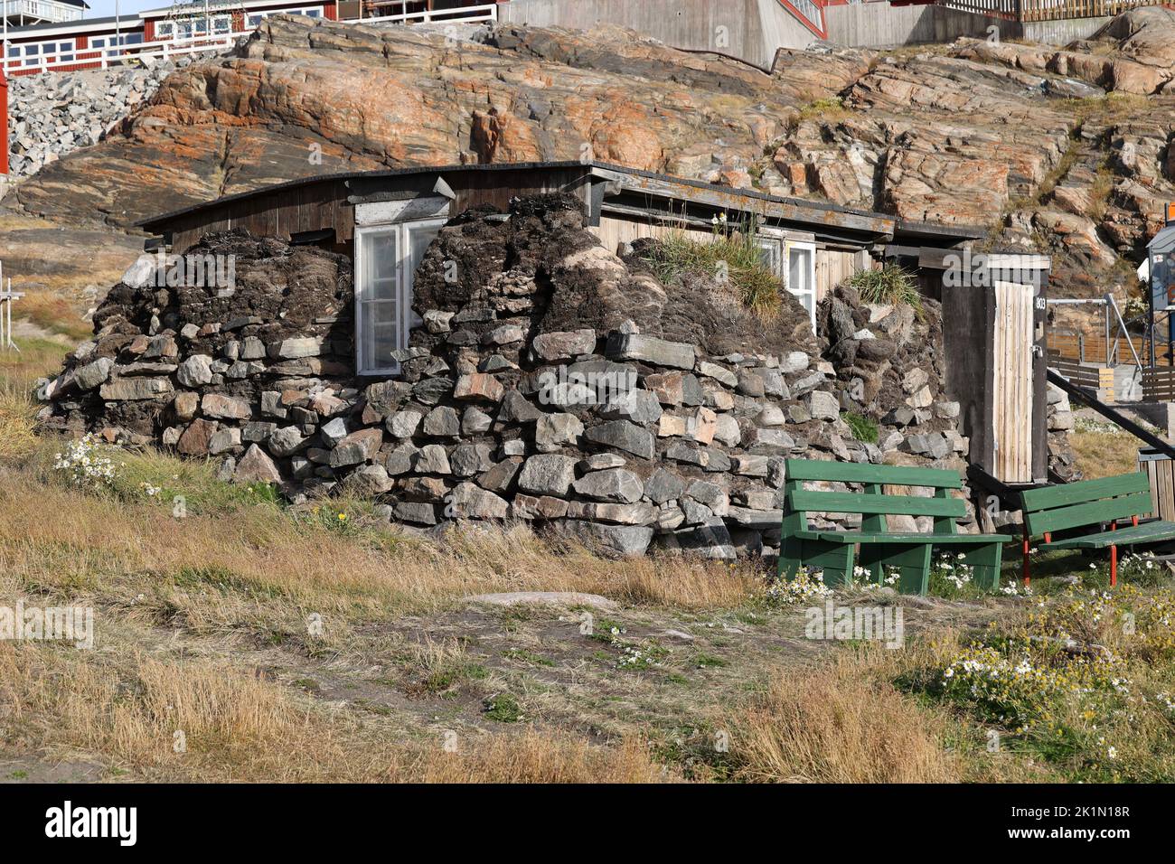 Old turf house in open air museum in Uummannaq, Greenland, Denmark ...