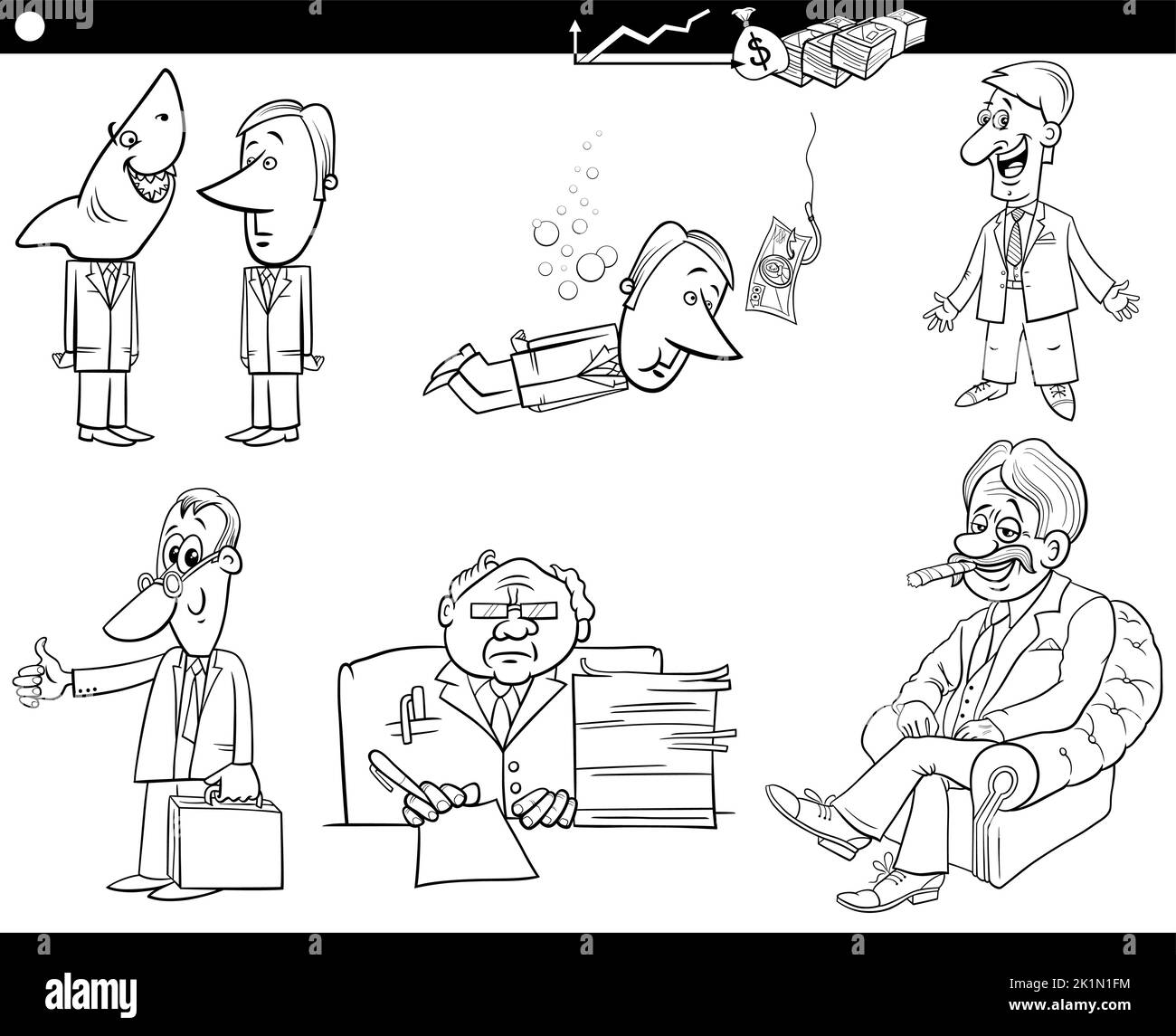 Black and white cartoon illustration of business concepts with funny ...