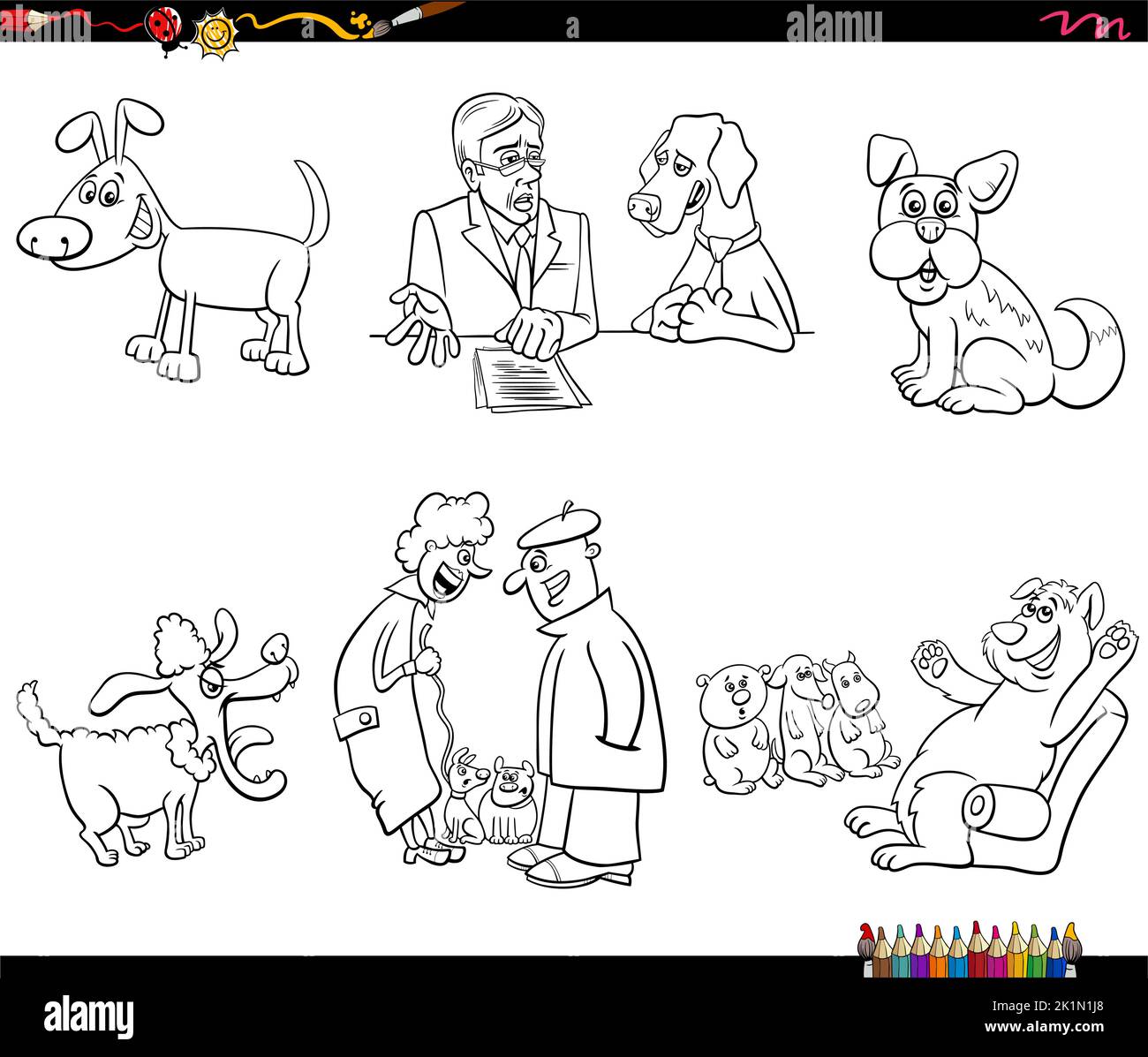 Black and white cartoon illustration of funny dogs characters set ...