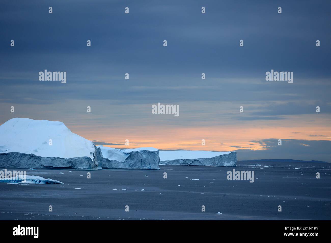 View of icebergs in Ilulissat Icefjord in Disko Bay, Greenland, Denmark ...