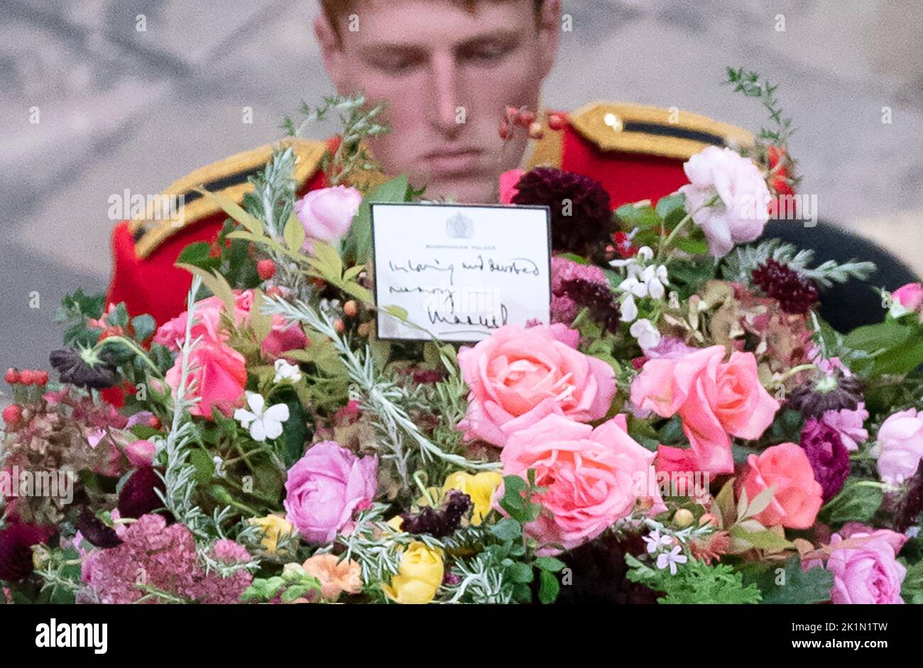 A message on the top of the coffin of Queen Elizabeth II, draped in the ...
