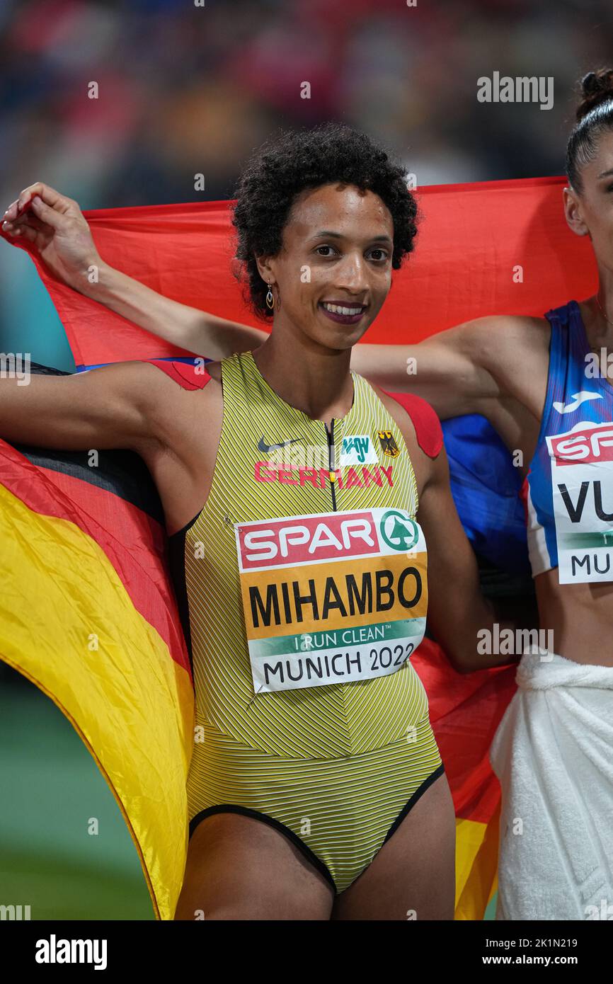 Malaika Mihambo with her country's flag of the long Jump at the ...